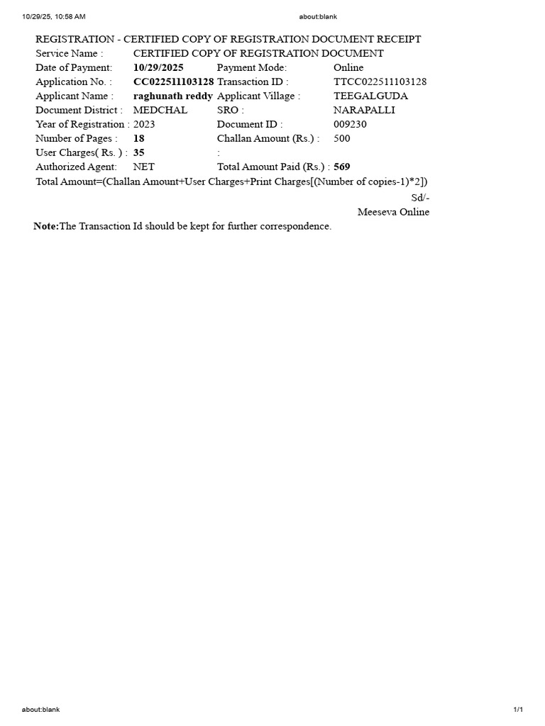 Certified Copy Registration Receipt | PDF