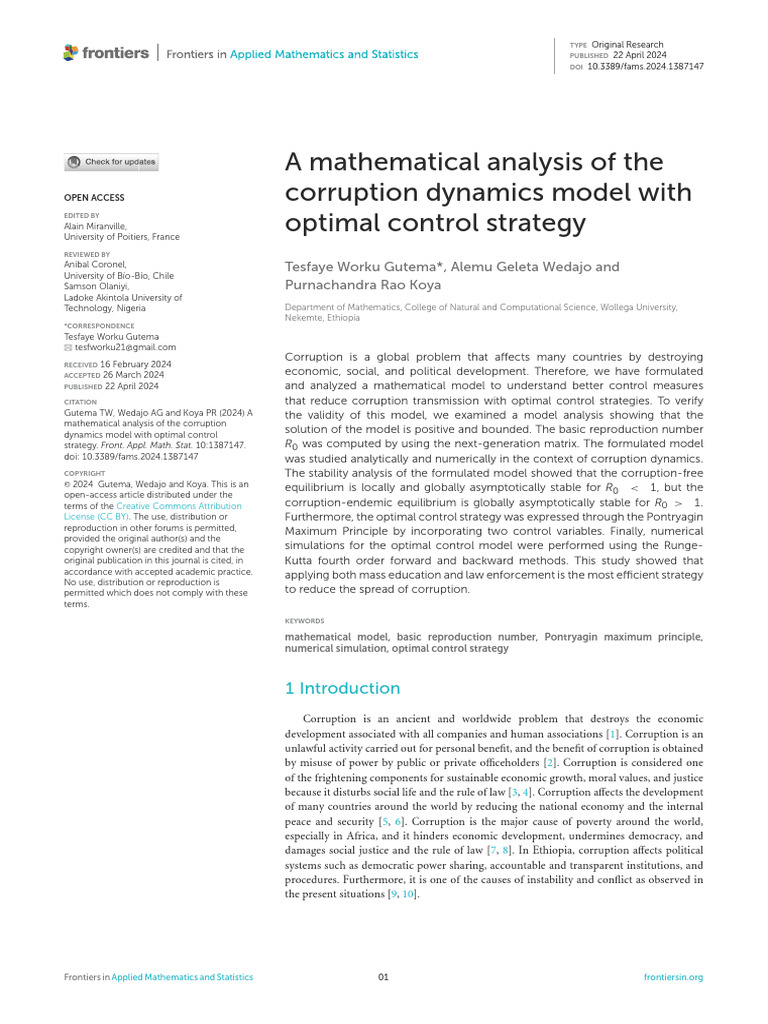 A Mathematical Analysis of The Corruption Dynamics Model With Optimal ...