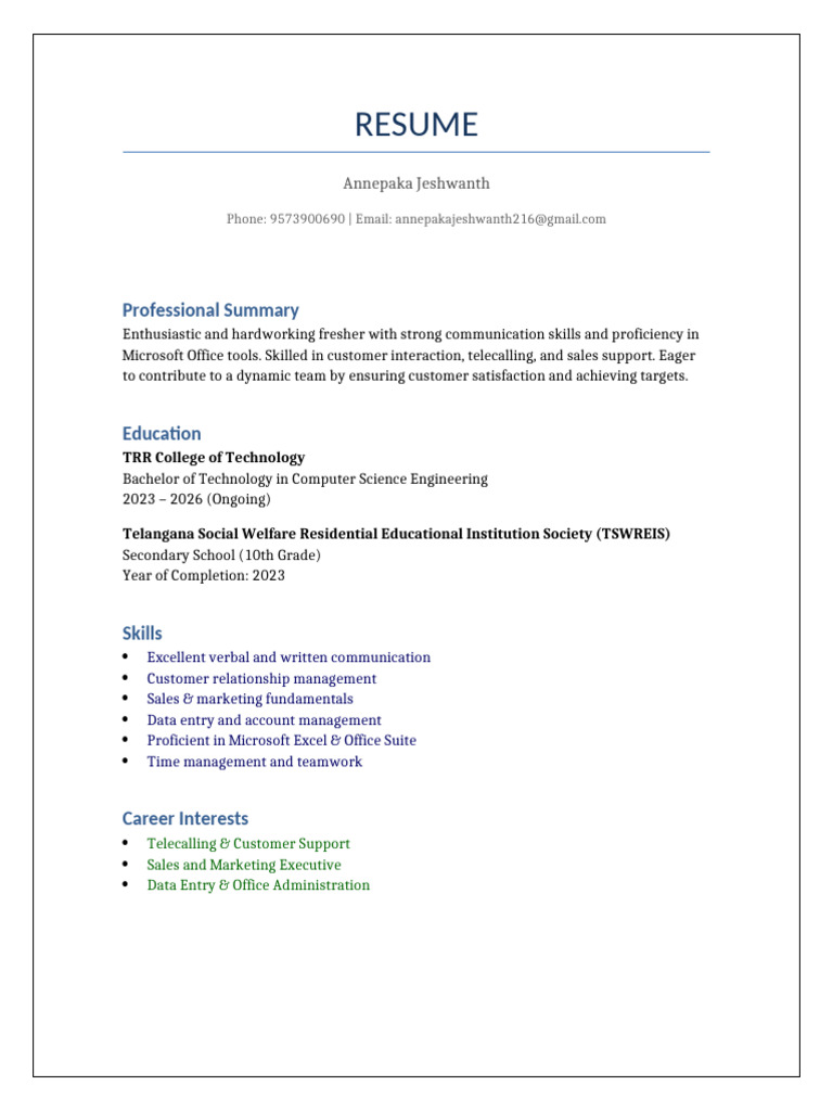 Resume Annepaka Jeshwanth Telecalling | PDF