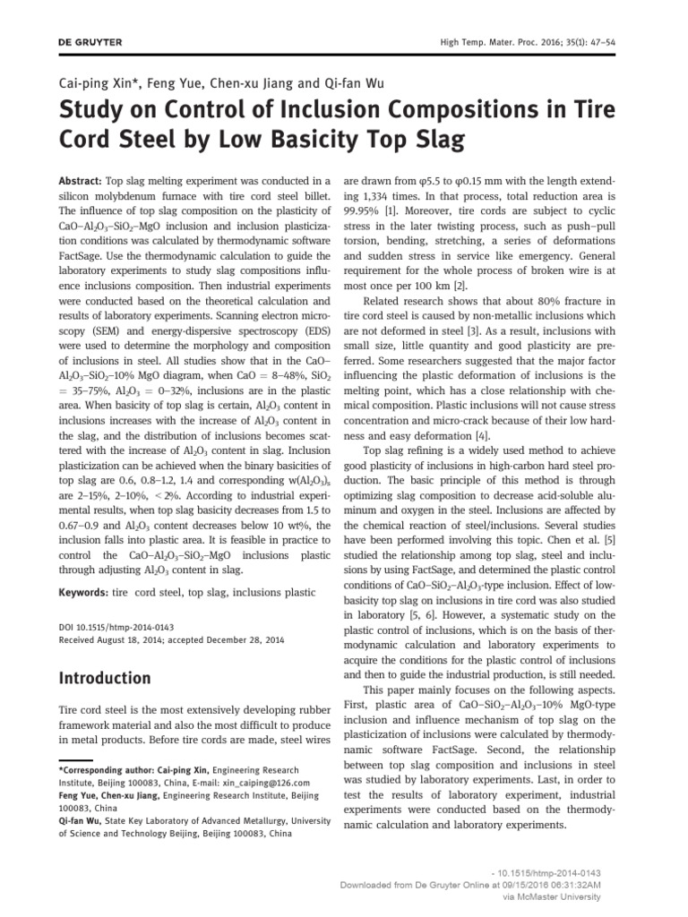 Control of Inclusions in Tire Cord Steel | PDF | Steel | Deformation ...