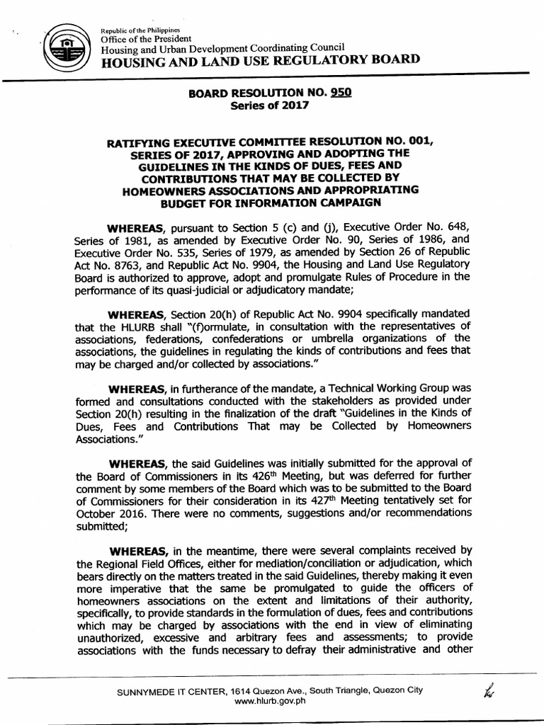 HLURB Board Resolution No. 950, S. 2017 | PDF