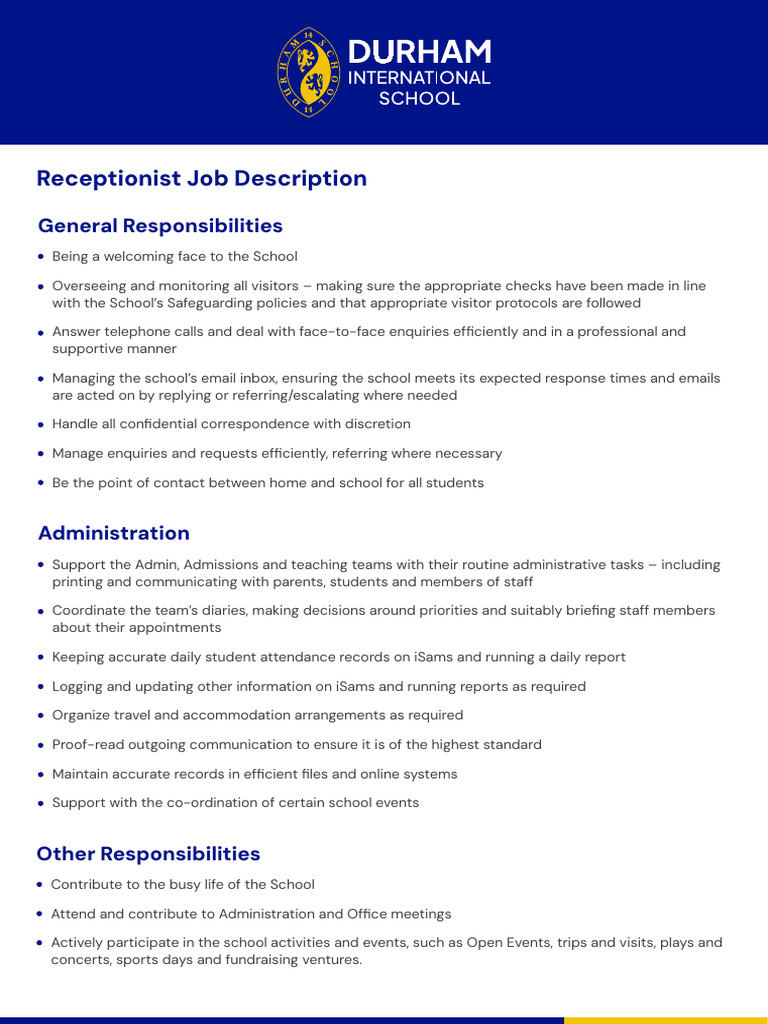 68f3be4da71aebd3f99a8836 - Receptionist Job Description | PDF