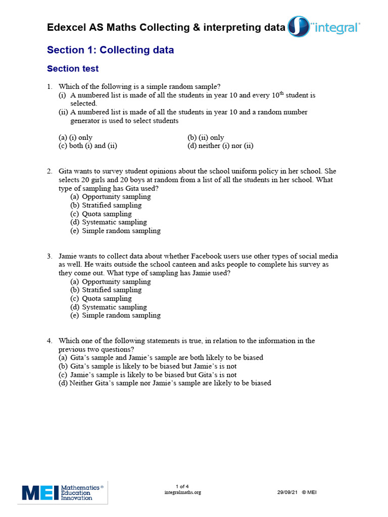 Edexcel As Test D1 (Collect Data) ANS | PDF | Sampling (Statistics ...