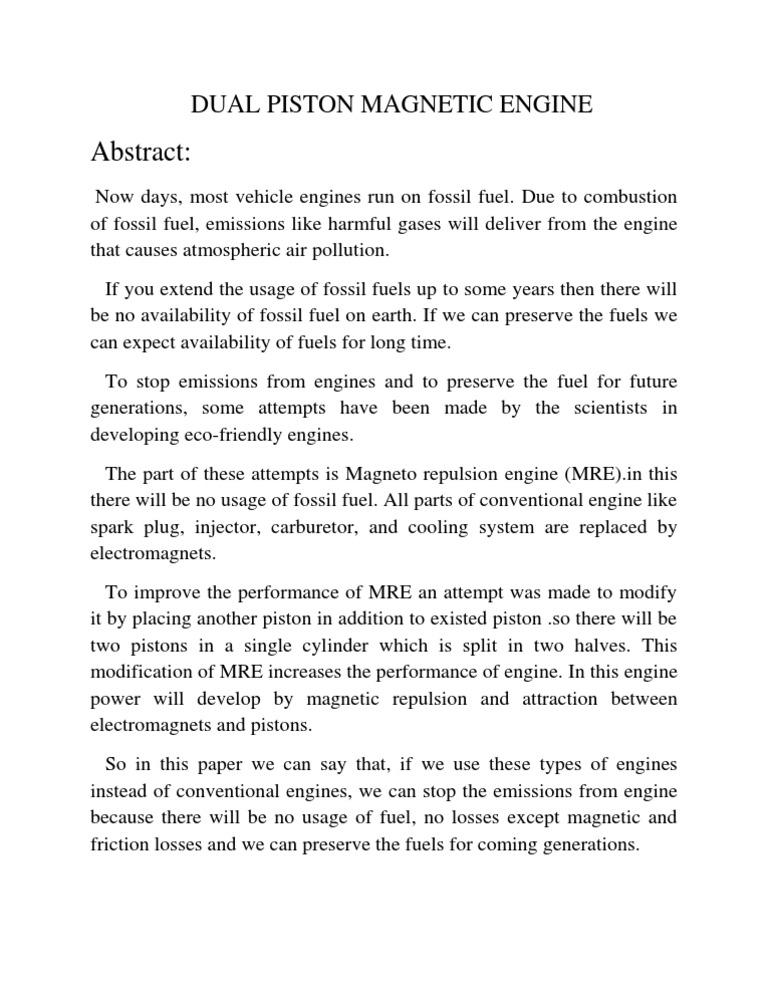 Abstract:: Dual Piston Magnetic Engine | PDF | Technology & Engineering