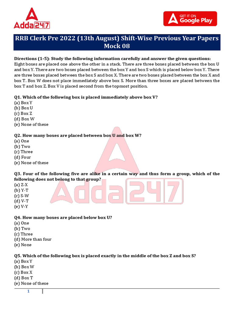 RRB Clerk Pre 2022 Shift-Wise Papers | PDF