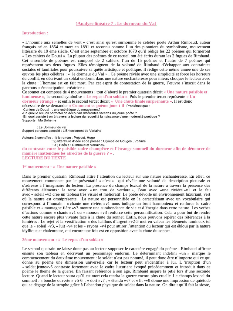 Analyse de "Le Dormeur du Val" | PDF | Arthur Rimbaud | Poésie