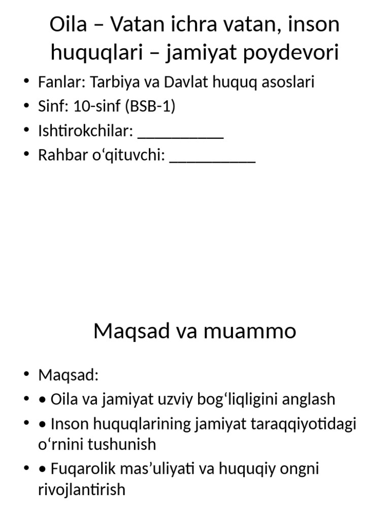 Oila Va Inson Huquqlari Taqdimoti | PDF
