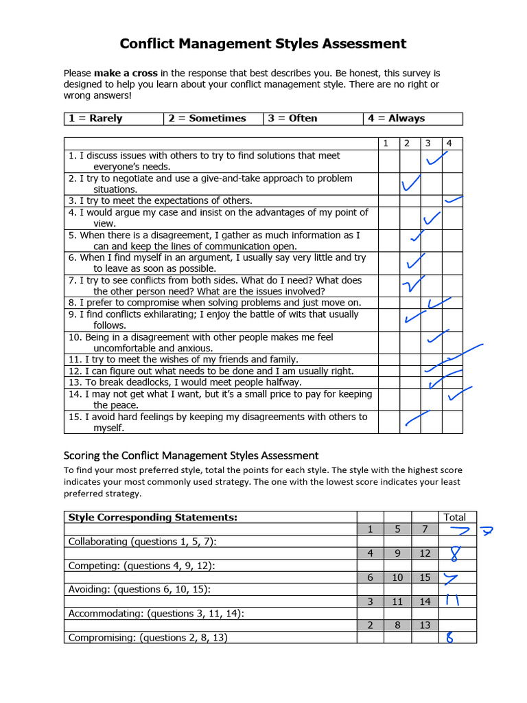 Conflict Management Style Assessment | PDF | Goal | Behavioural Sciences