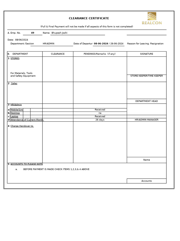 Employee Clearance Certificate Template | PDF