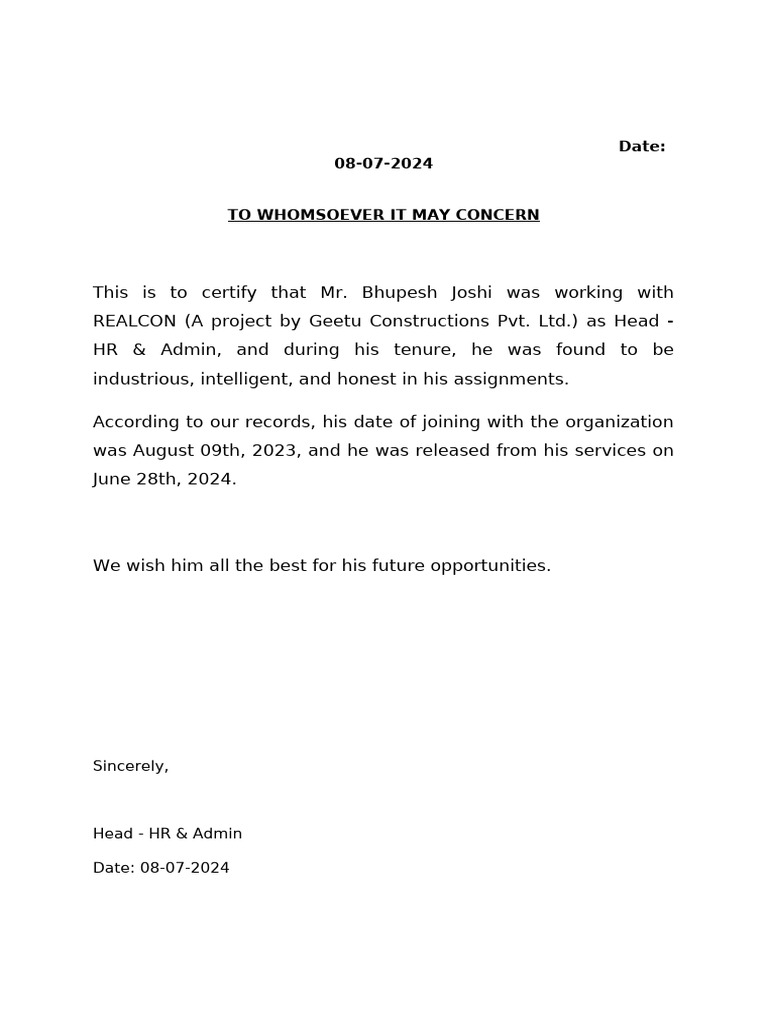 Experience Letter Format | PDF