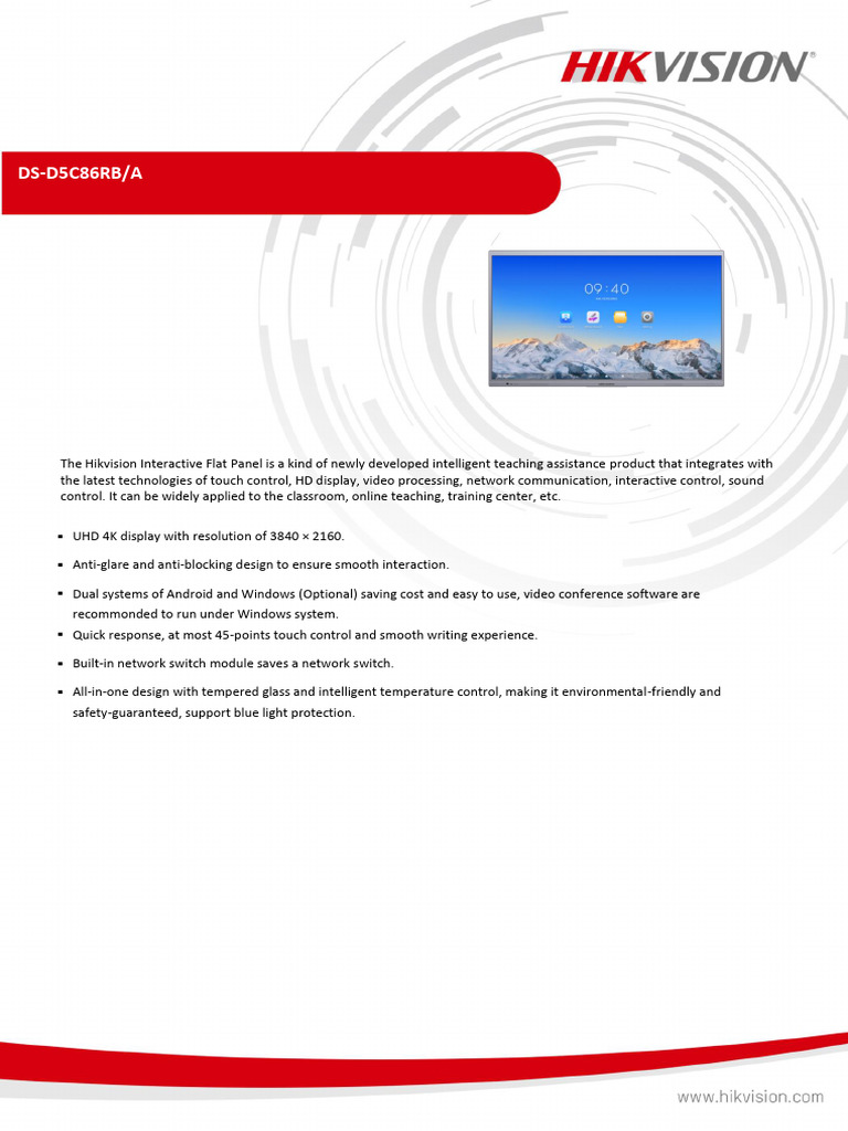 TV Hikvision Spec Datasheet of DS D5C86RB A Interactive Flat Panel 202300908 | PDF | Display ...