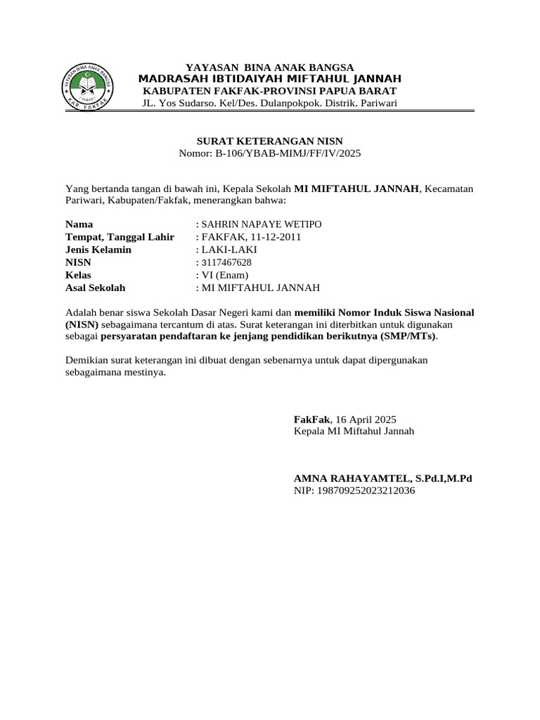 Surat Keterangan NISN Sahrin Wetipo | PDF