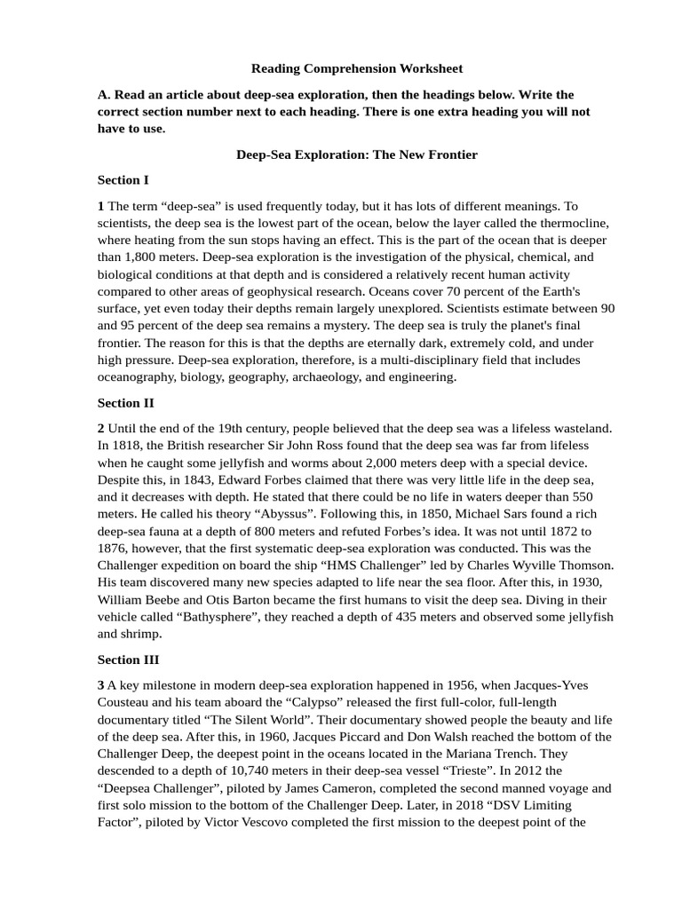Deep-Sea Exploration Worksheet | PDF | Deep Sea | Sea