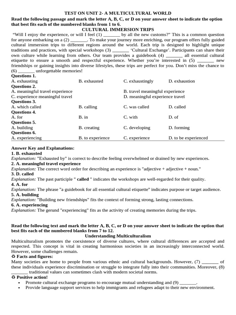 Test on Unit 2 -k12 -Key | PDF | Multiculturalism | Cultural Diversity