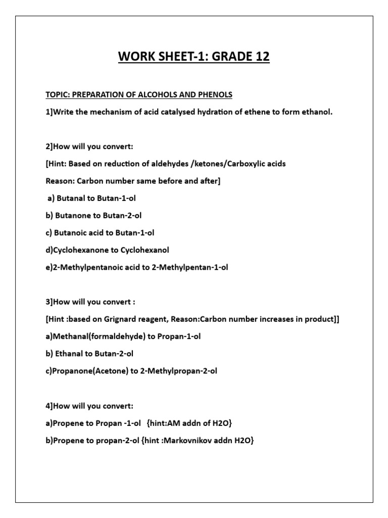 Grade 12 Alcohols and Phenols Worksheet | PDF