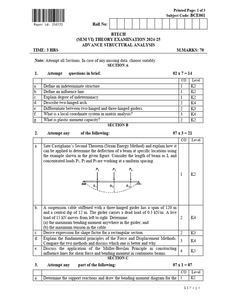 Bce061 Advance Structural Analysis | PDF | Bending | Beam (Structure)