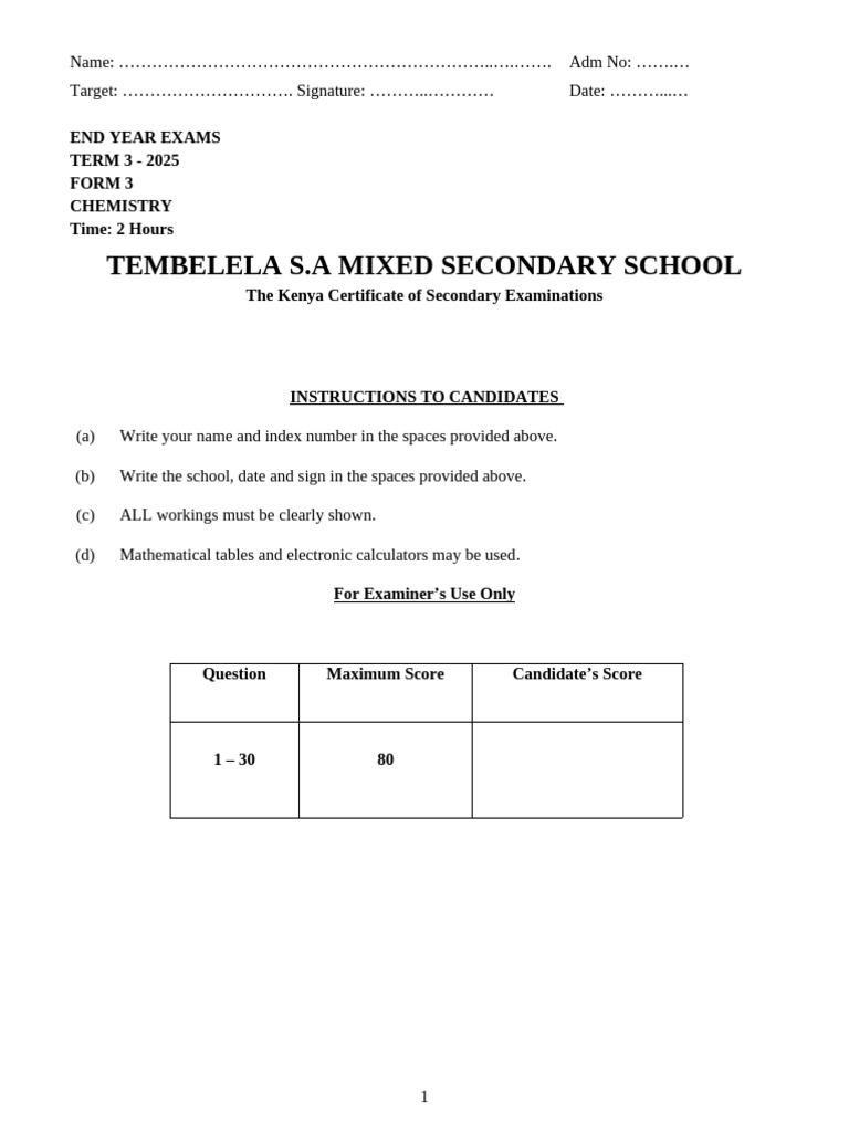 F3 Chem PP1 End Year 2025 QP | PDF | Combustion | Hydrogen