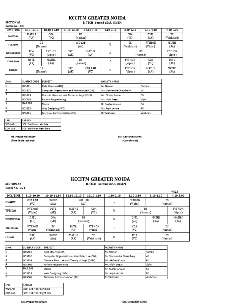Section-Wise Time Table Second Year 3rd Sem Batch 2024-28 | PDF ...