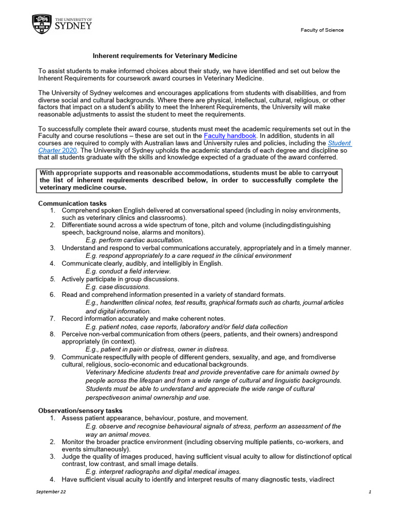 Inherent Requirements for Vet Medicine | PDF | Communication | Disability