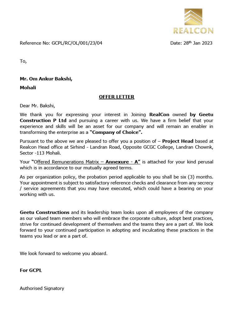 Project Head Offer Letter - GCPL | PDF | Taxes