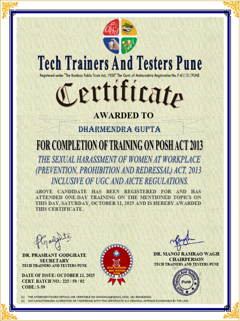 Certificate of Training for Dharmendra Gupta | PDF