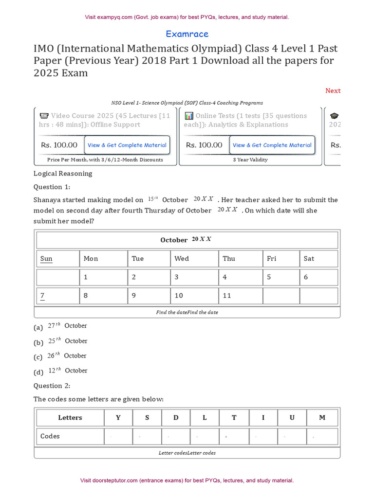 IMO Class 4 Paper 2018 Part 1 | PDF | Tests | Qualifications