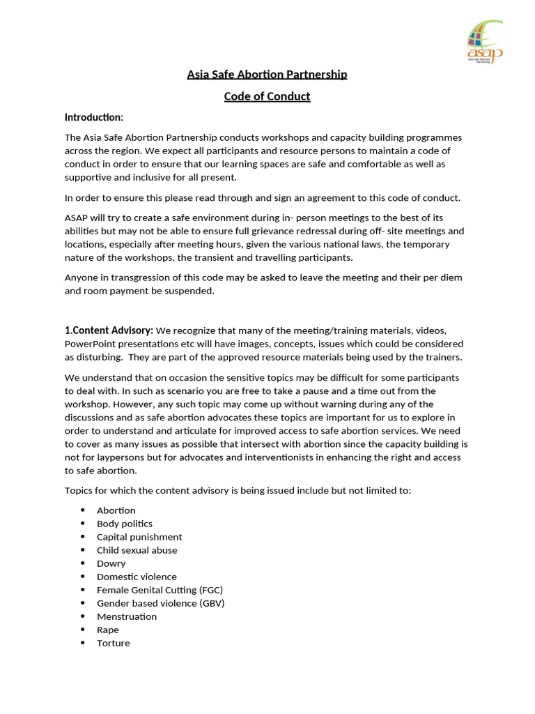 Final - Code of Conduct Form - ASAP | PDF | Harassment | Violence