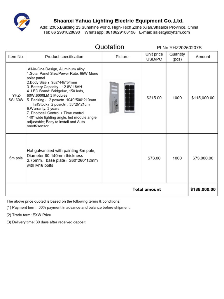 SSL Solar Street Light Quotation | PDF