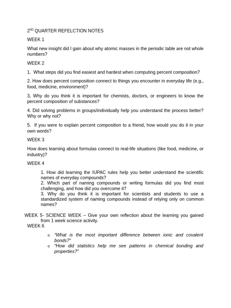 2nd Quarter Refelction Notes | PDF