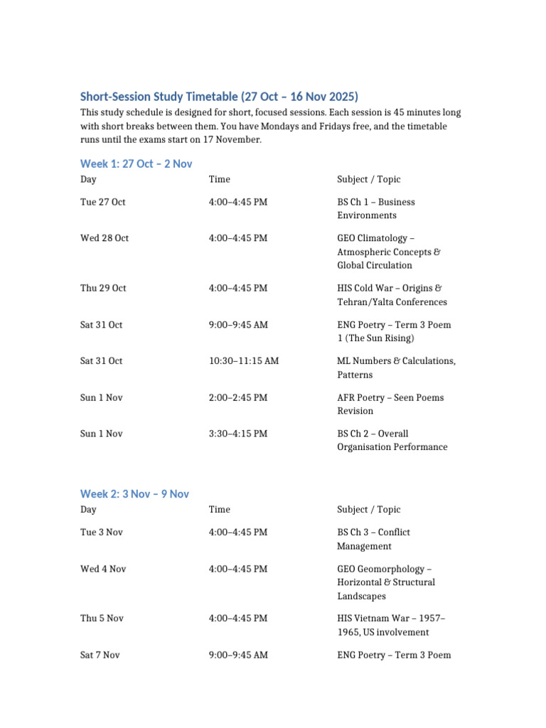 Short Session Study Timetable 2025 | PDF | Physical Geography | Natural ...
