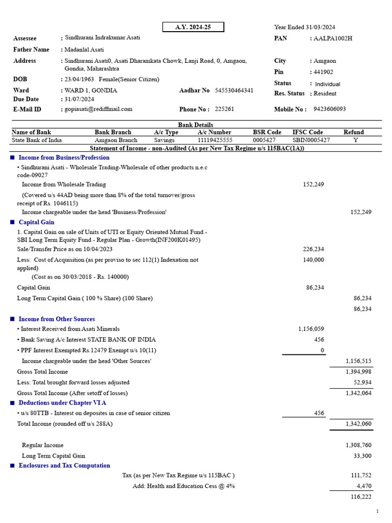 Tax Summary for Sindhurani Asati 2024 | PDF | Taxes | Capital Gain
