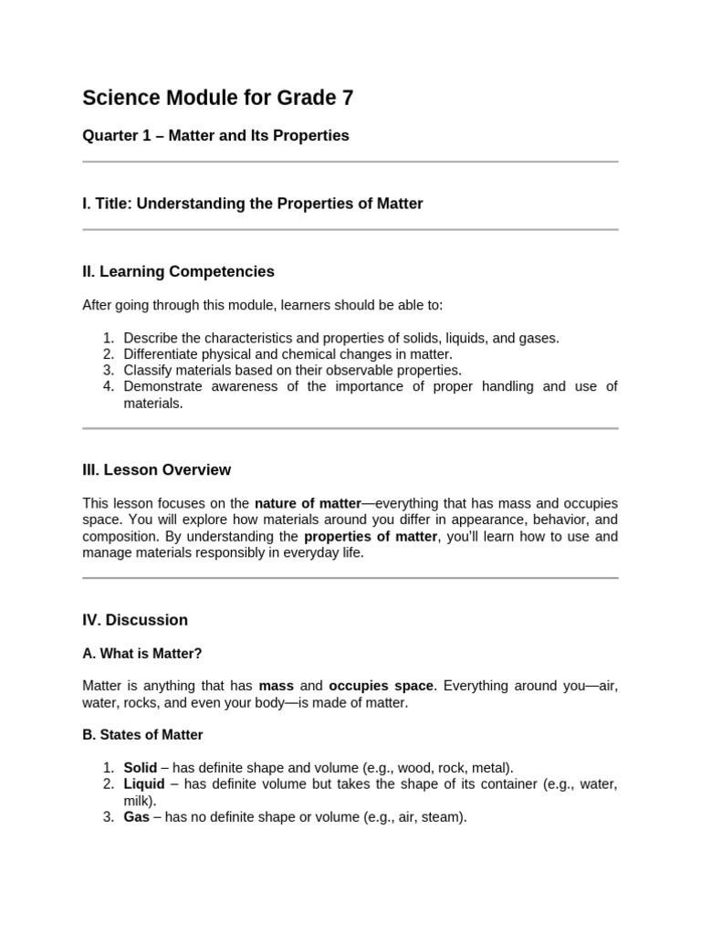 Properties of Matter for Grade 7 | PDF | Matter | Water