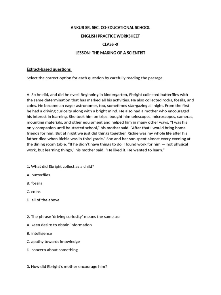 Class X English Worksheet: Ebright's Journey | PDF | Science