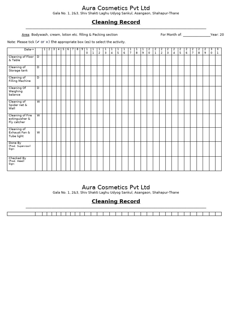 Cleaning Record Format - Body Wash Filling and Packing | PDF
