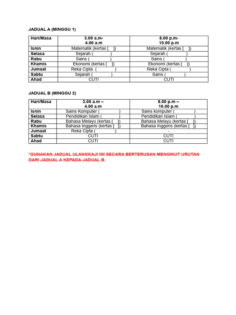 Jadual Belajar - (Family User) | PDF
