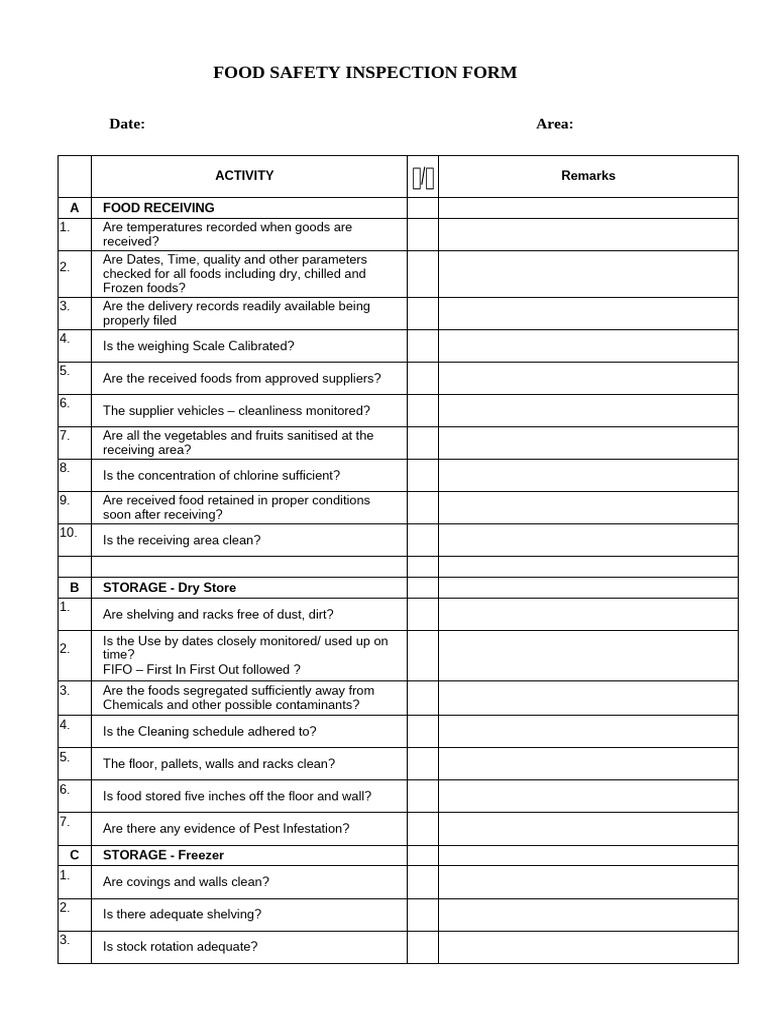 SC5 Hygiene Inspection Checklist | PDF | Food Safety | Hand Washing