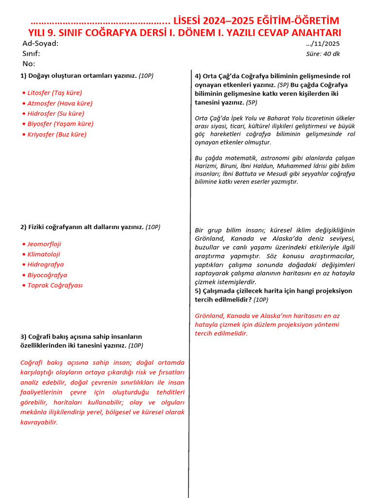 Cografya 9 Sinif 1 Donem 1 Yazili Cevap Anahtari 2024 2025 | PDF