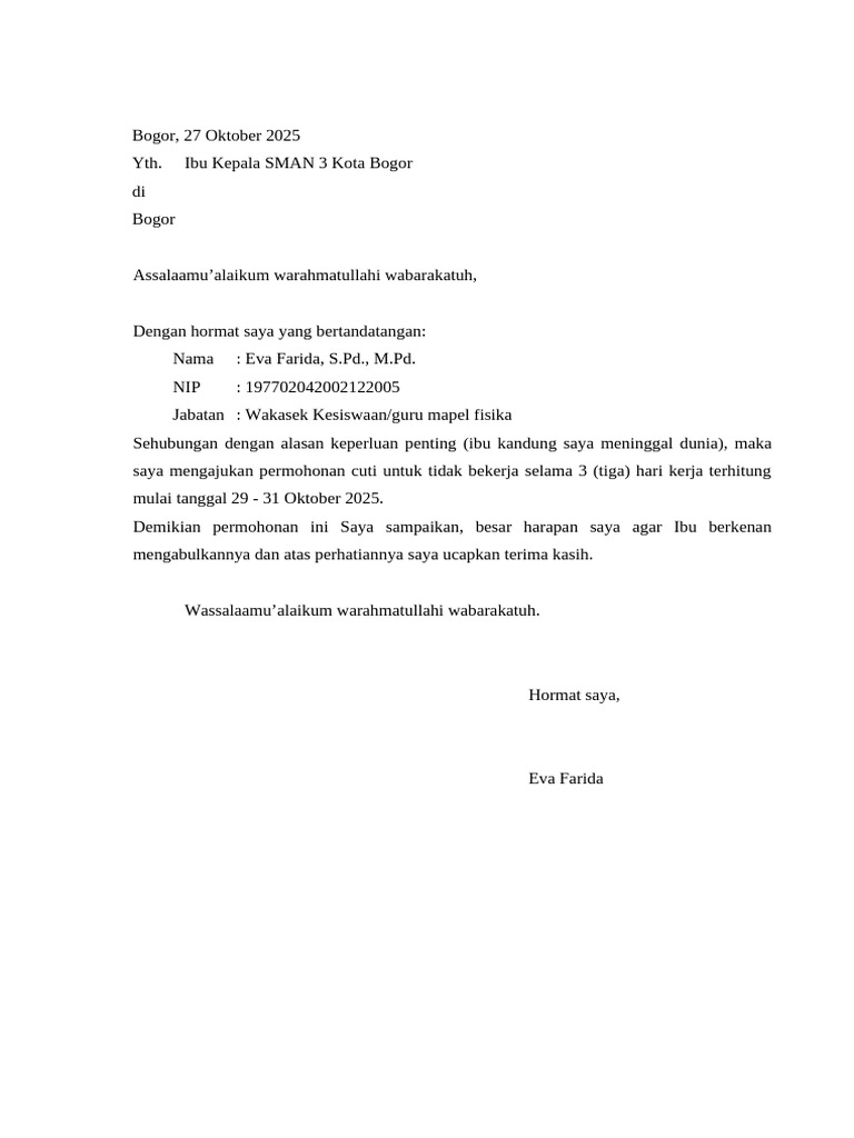 Surat Permohonan Cuti Eva Mamah Ngantunkeun | PDF