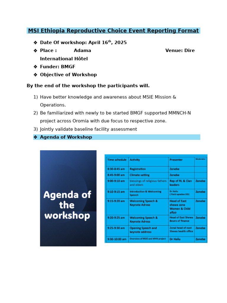 MSI Ethiopia Reproductive Choice Event Reporting Format | PDF