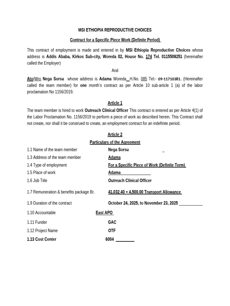 MSI Ethiopia Outreach Officer Contract | PDF | Employment | Business