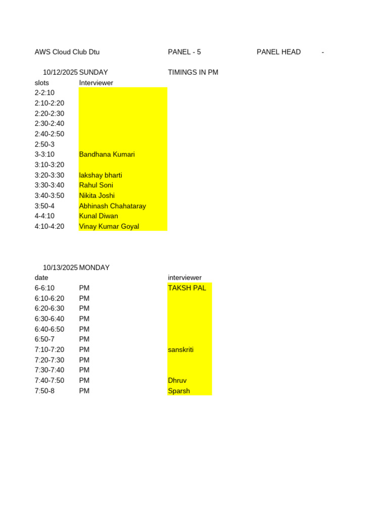 Aws Panel - 5 Innterview Schedule | PDF