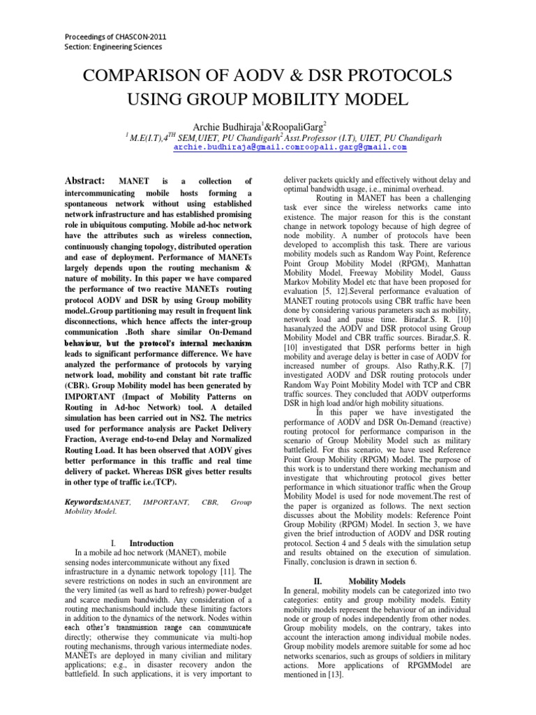 Comparison of Aodv & DSR Protocols Using Group Mobility Model | PDF | Wireless Ad Hoc Network ...