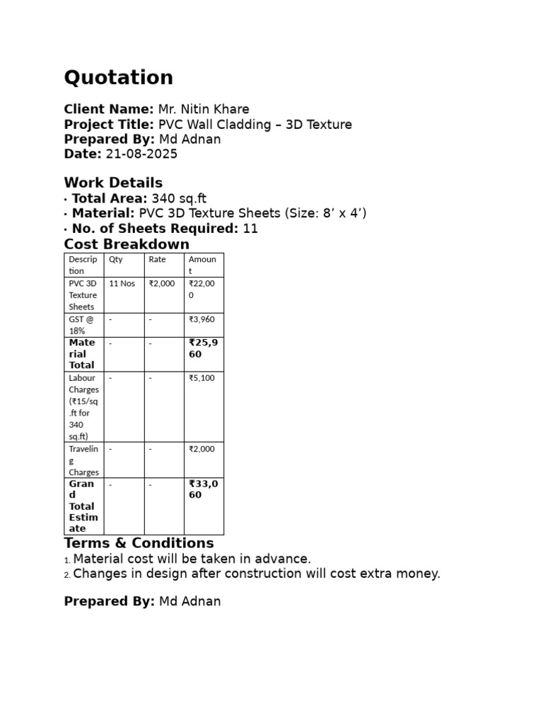 PVC Wall Cladding Quotation Estimate | PDF
