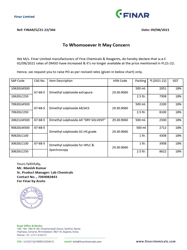 Revised DMSO Pricing Announcement | PDF