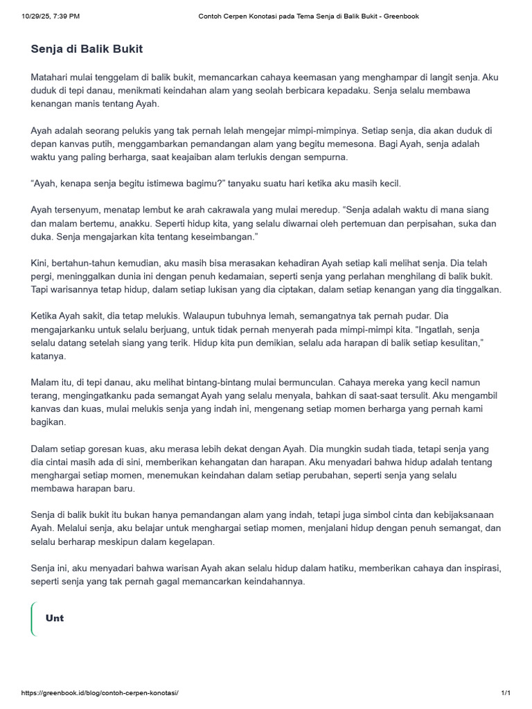 Contoh Cerpen Konotasi Pada Tema Senja Di Balik Bukit - Greenbook | PDF