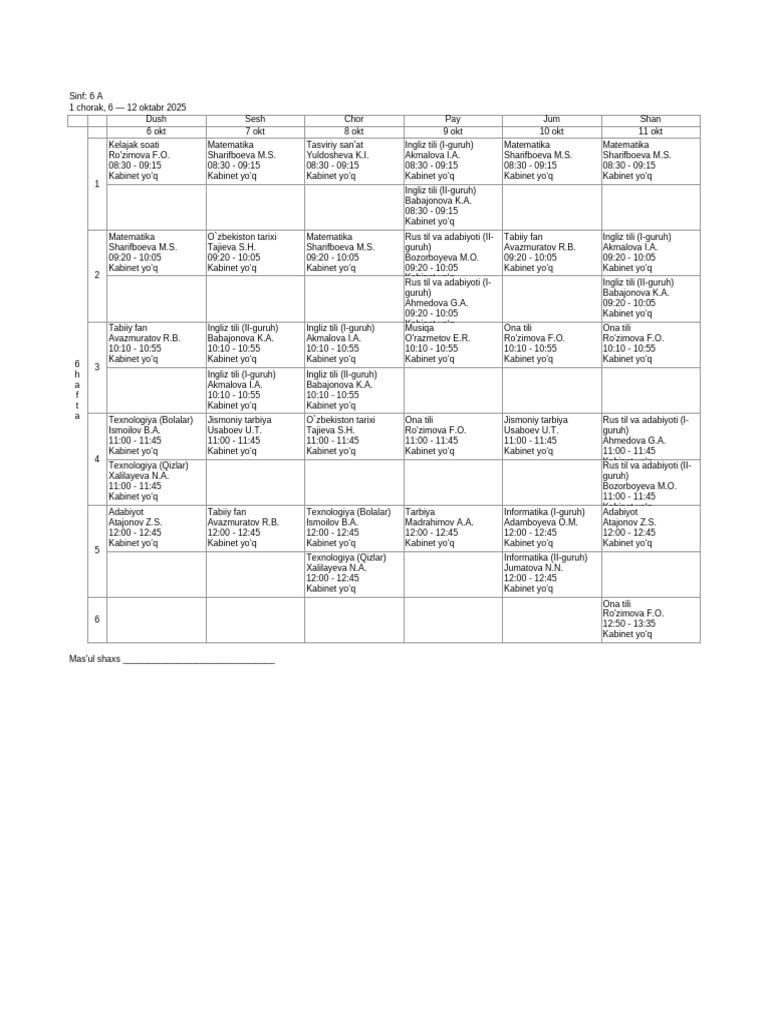 Weekly Class Schedule: Oct 6-12, 2025 | PDF