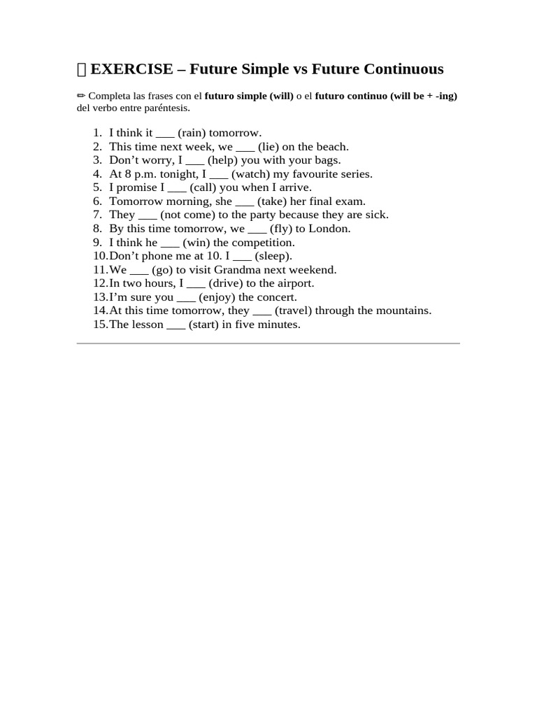 ? Exercise Future Simple y Continuous | PDF