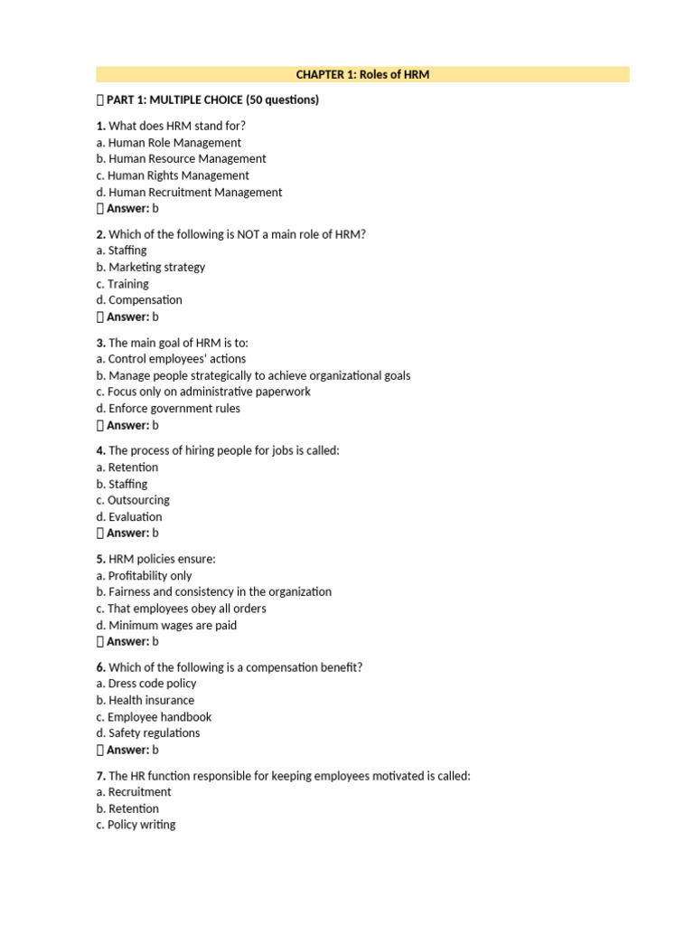 HRM Roles: Quiz & Key Concepts | PDF | Cost Of Living | Human Resource ...