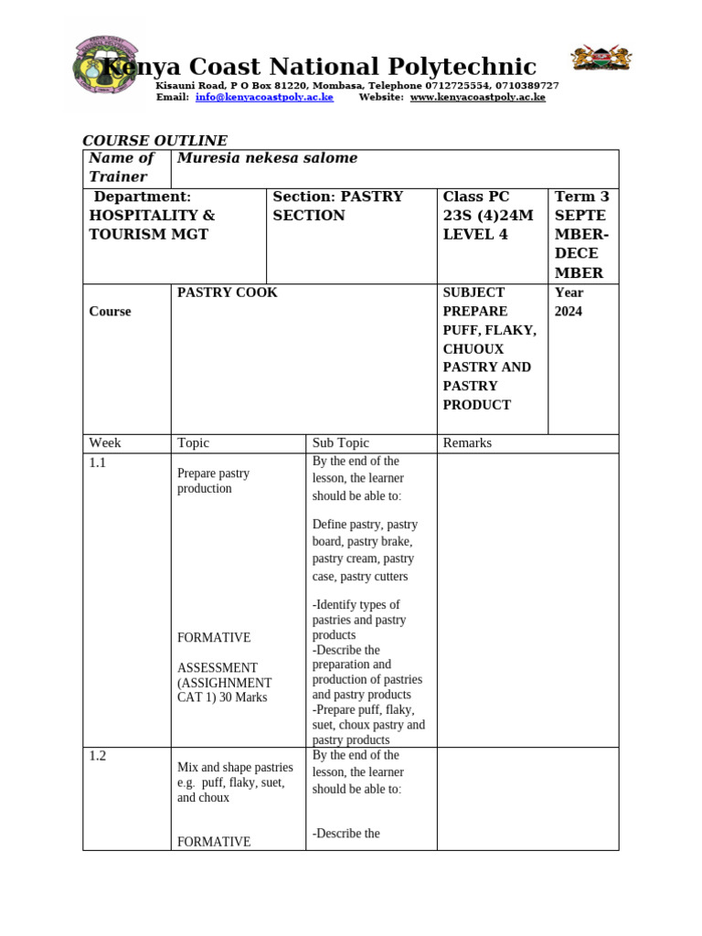 Pastry Cooking Course Outline 2024 | PDF | Cuisine | Baking