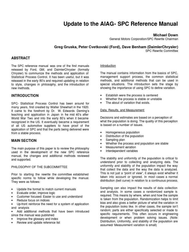 Update to the Aiag Spc Reference Manual En | Statistics | Production ...